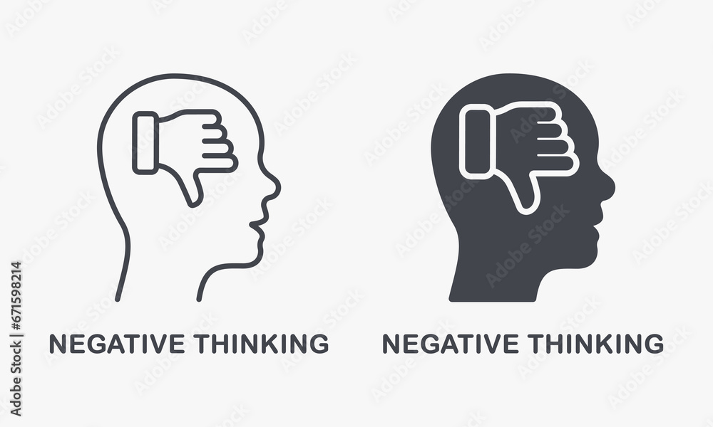 Vetor De Negative Thinking Silhouette And Line Icon Set Thumb Down In Human Head Pessimism And