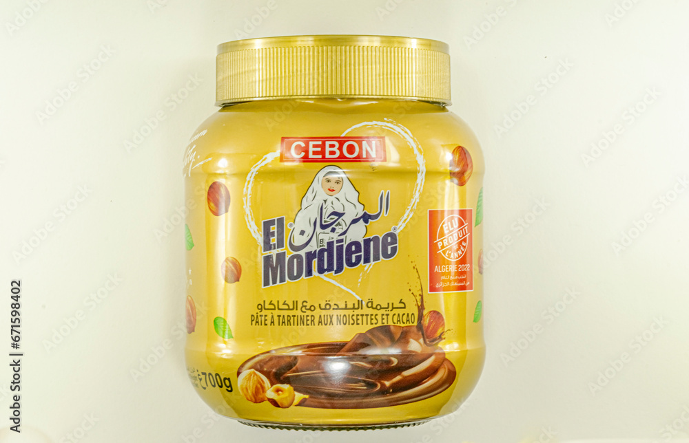 Algeria- April 16, 2023: a jar of El Mordjene spread from the Cebon ...