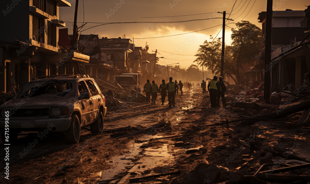 City damage from the aftermath of hurricane. Garbage and debris on ...
