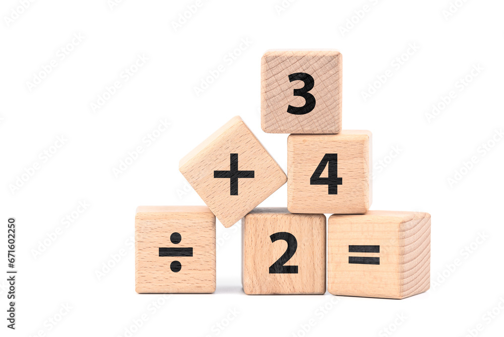 Mathematics basic proposition, numbers and operation signs in wood ...