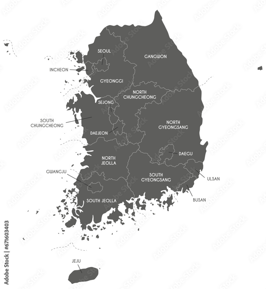Vector map of South Korea with provinces, metropolitan cities and ...