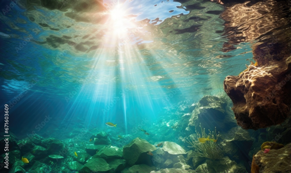 Underwater view of coral reef with sun rays shining through water ...
