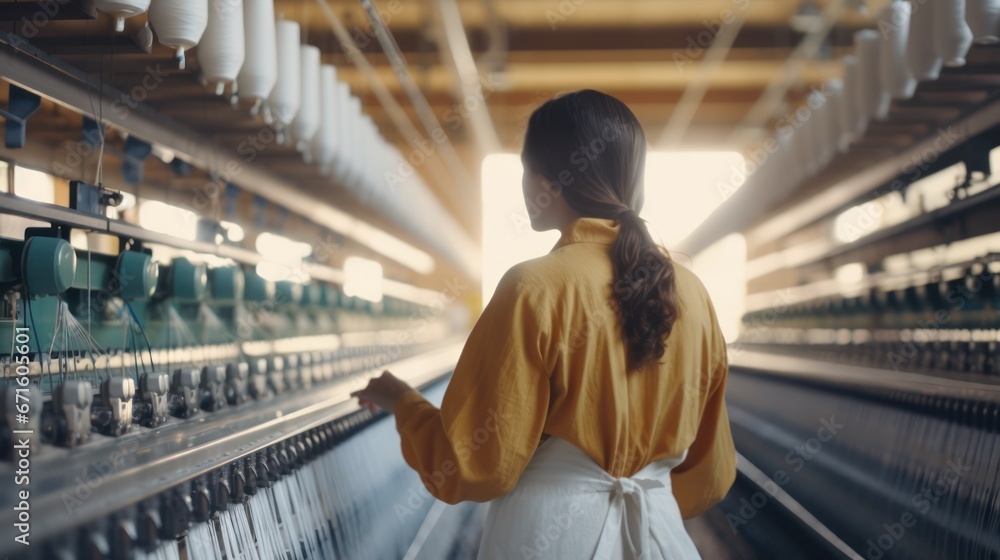 Back view of a Caucasian lady carefully working on weaving factory. A ...