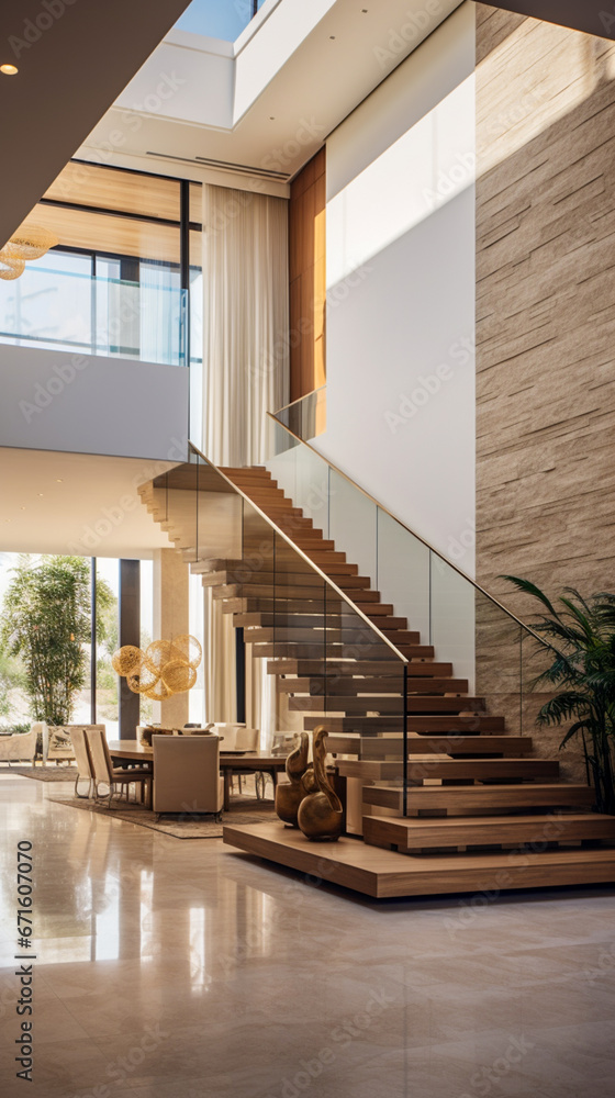 A modern mansion staircase with a warm minimalism approach, featuring a ...