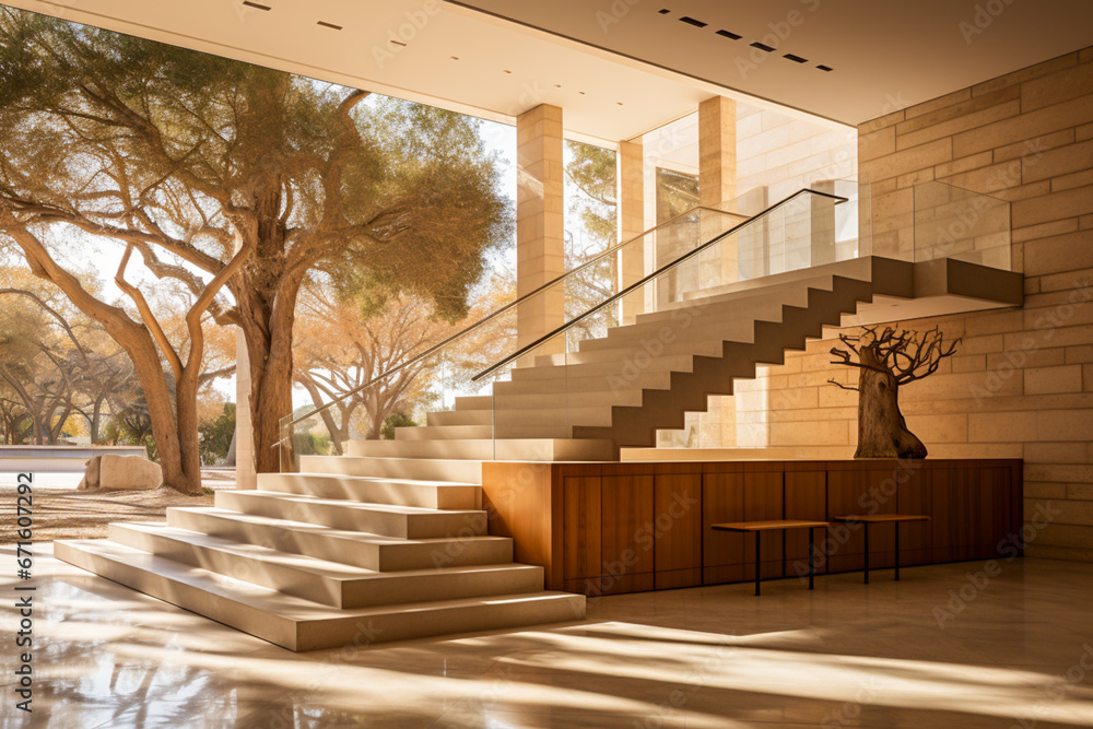 Imagine a modern mansion's centerpiece staircase, featuring a ...