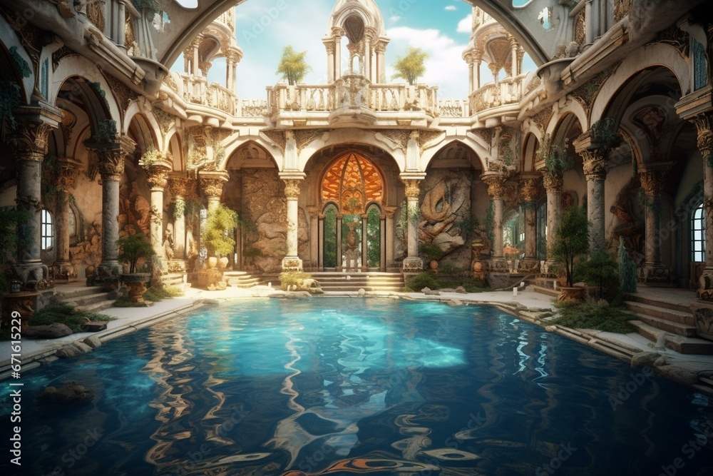 Surreal antique-style interior with a castle's indoor pool in a ...