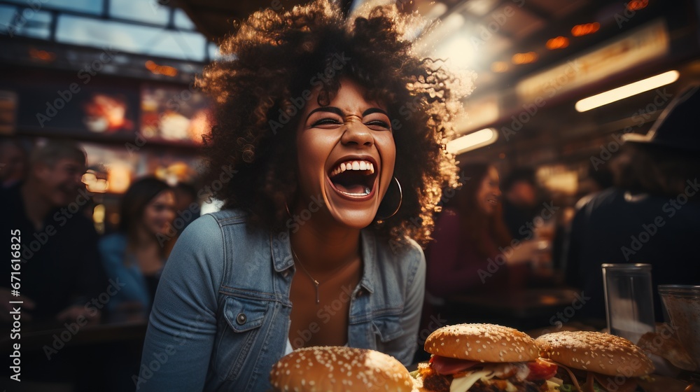 Young African American woman enjoys taste of cheeseburger with eyes ...