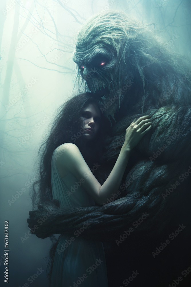 scary monster creature hugs in forest with fog. The cover of the horror ...