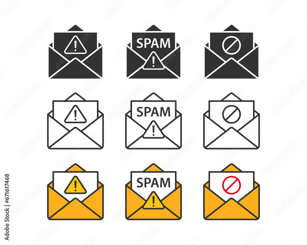Spam email icon. Virus mail message symbol. Malware letter signs ...