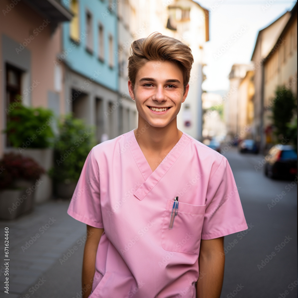 a 14 year old austrian boy working as a nurse, smiling, pink nurse gown ...