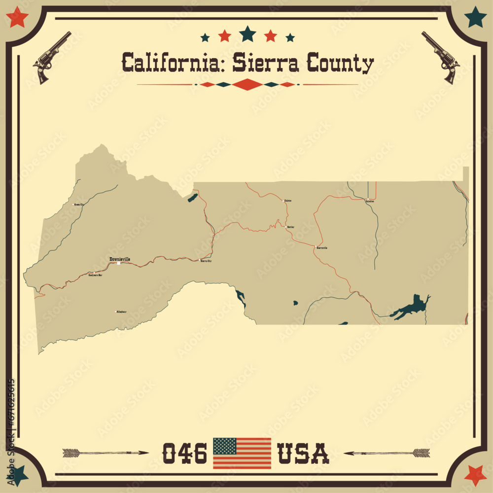 Large and accurate map of Sierra County, California, USA with vintage ...