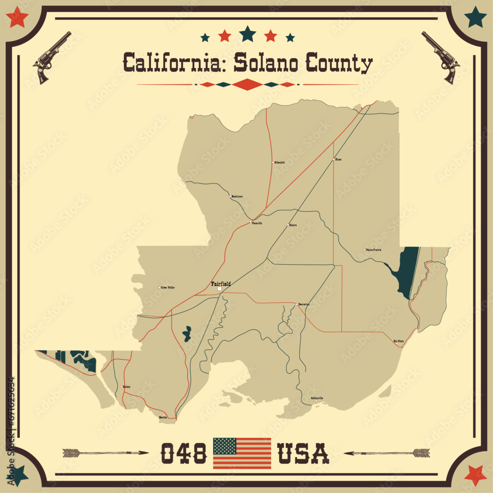 Poster Large and accurate map of Solano County, California, USA with ...