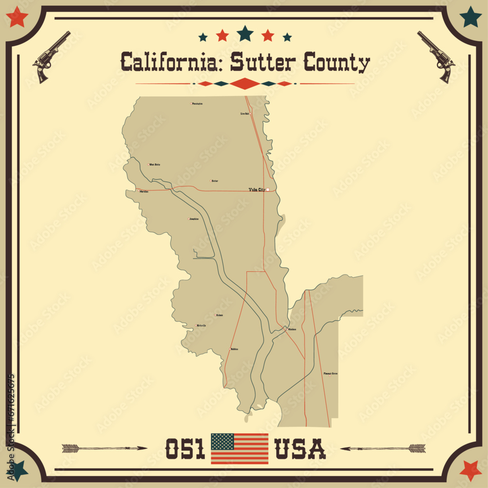Large and accurate map of Sutter County, California, USA with vintage ...