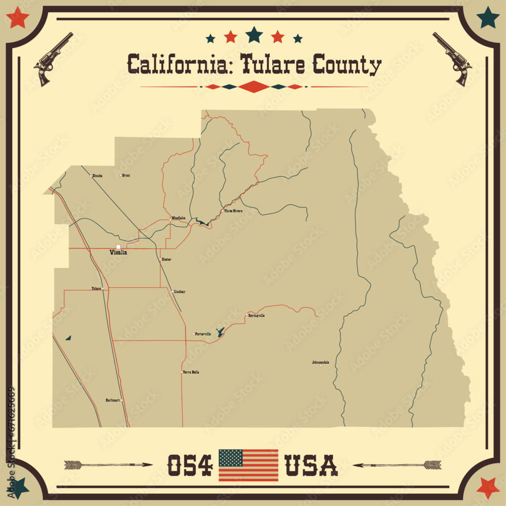 Large and accurate map of Tulare County, California, USA with vintage ...