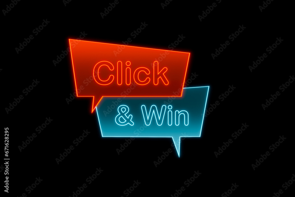 Click and win. Illuminated neon speech bubble, orange and blue. Game ...