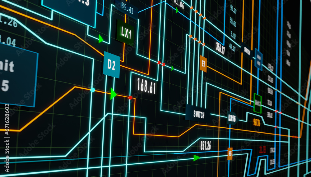 Node tree. Industry switch board with signal hazard lights. Digital ...