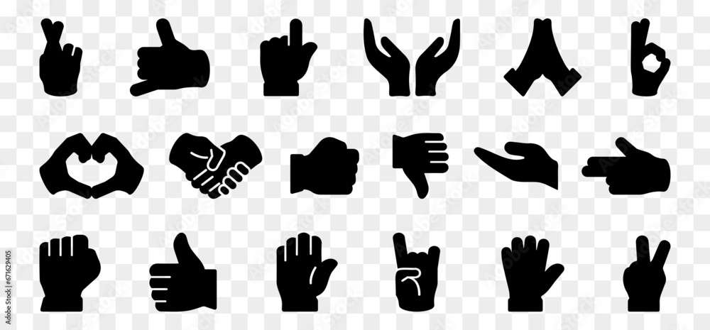 Hand gesture icons in black on a transparent background. Hand gesture ...