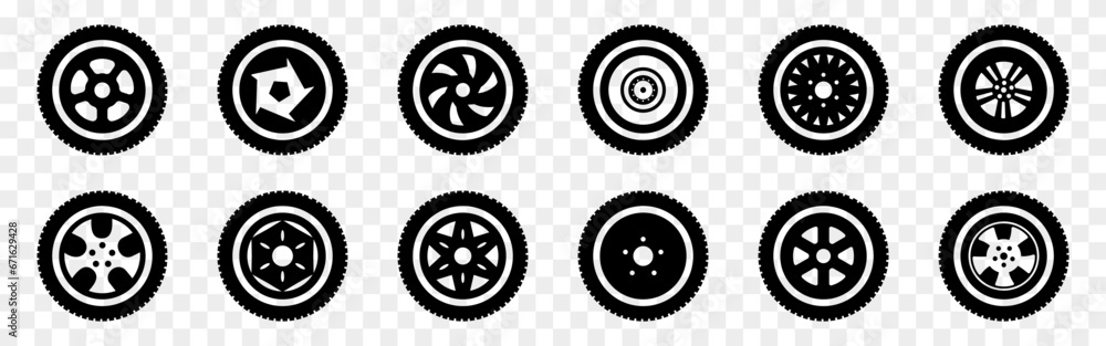 Wheel tire icons in black on a transparent background. Car tire icons ...