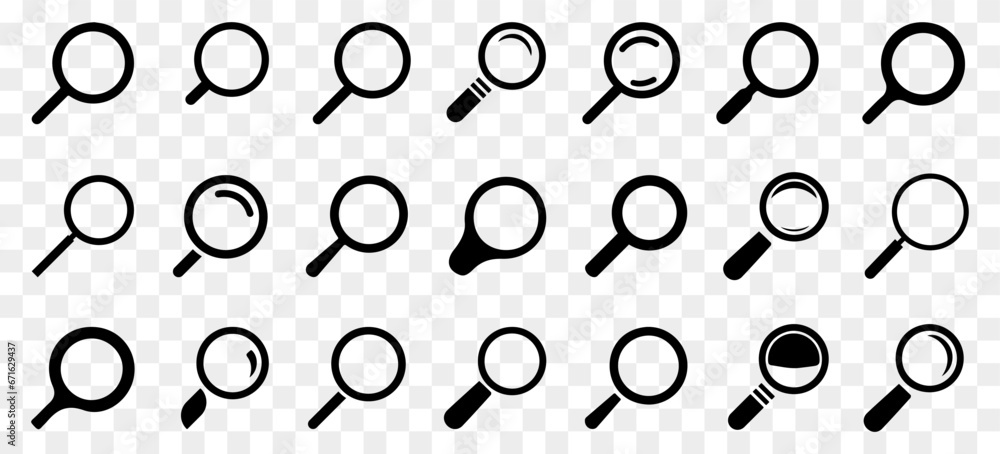Magnifying glass icons in black on a transparent background. Set of ...
