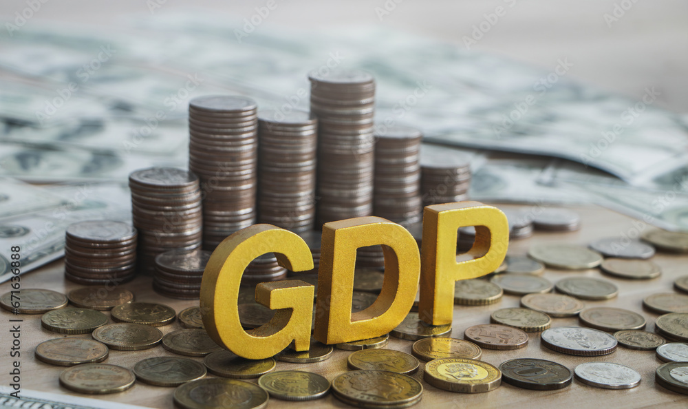 GDP, Gross domestic product concept. Gold gdp text and Coins stack with a beautiful background ...