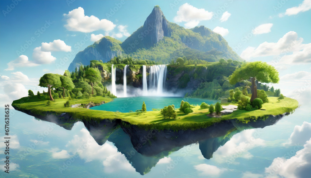 3d landscape with green grass surface, waterfall and trees, mountains ...