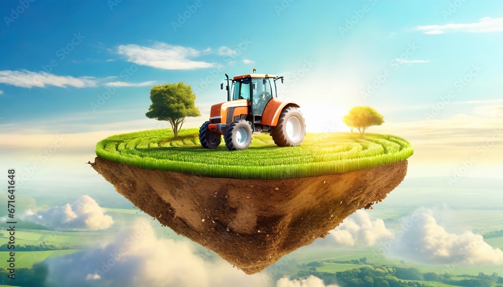 3d illustration of smart farming concept, tractor on a floating piece ...