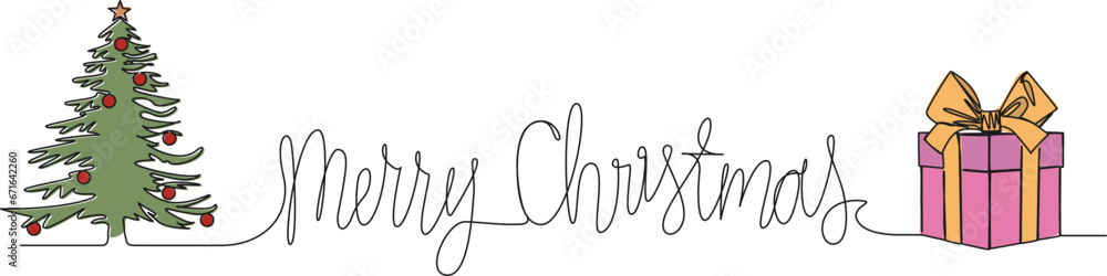continuous single line drawing of handwritten words MERRY CHRISTMAS ...