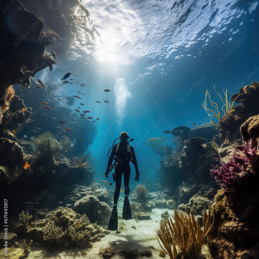 Diver diving in the ocean sea with dive gear and suite looking at the ...