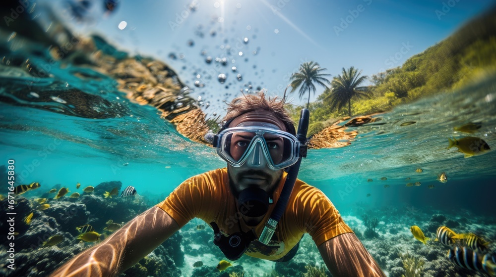 Male swimmer Snorkeling in the ocean sea with swim gear and looking at ...