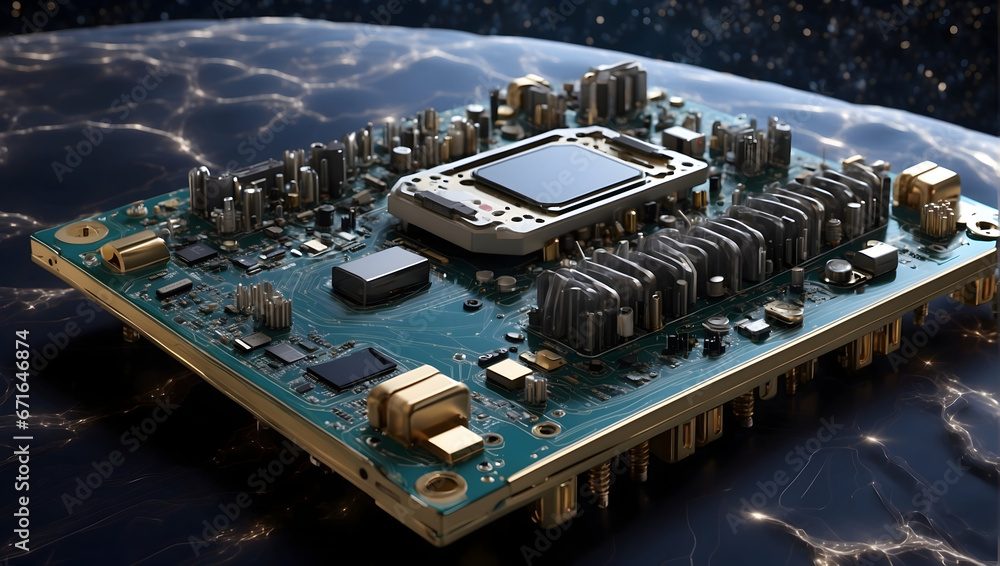 Conjure an image of a space-grade PC circuit board designed for zero ...
