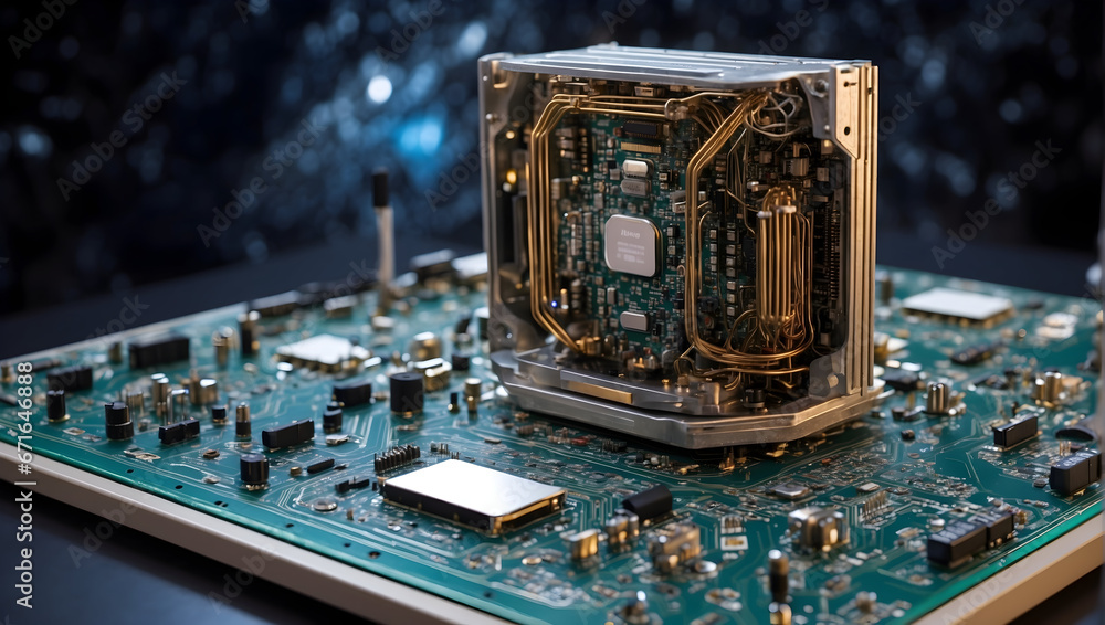 Conjure an image of a space-grade PC circuit board designed for zero ...