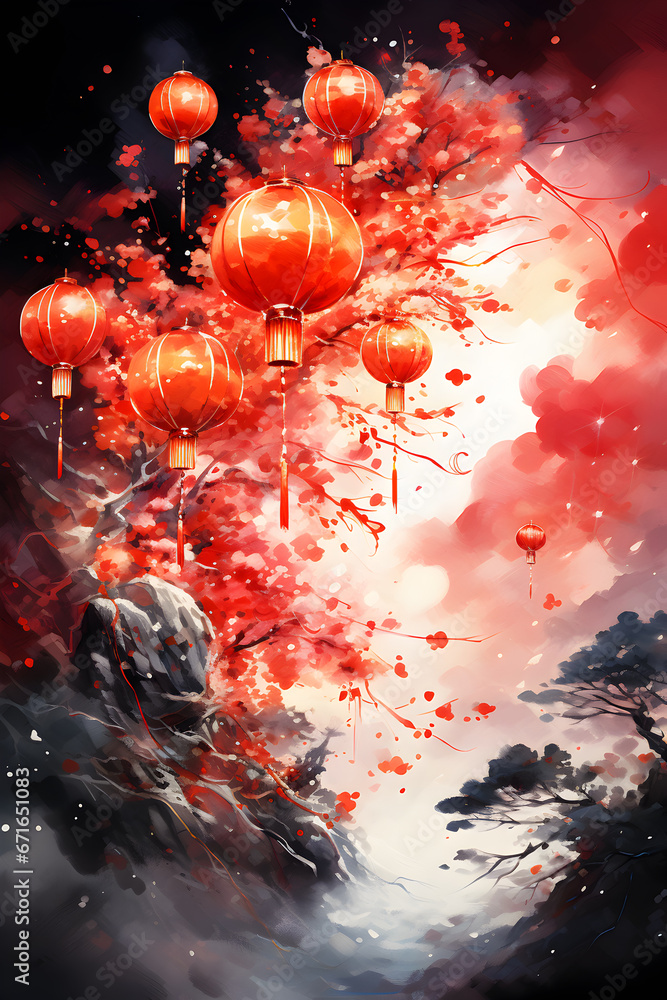 chinese traditional chinese art painting of red cloud with lanterns ...
