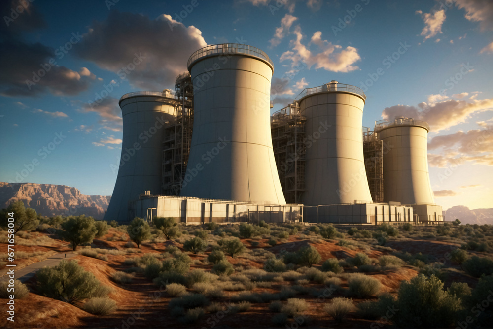 Futuristic massive modern nuclear power plant located in the desert in ...