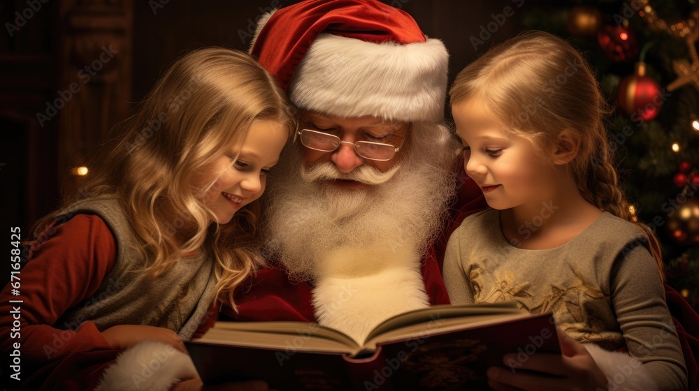 santa claus reading a storybook with young girls, festive christmas ...