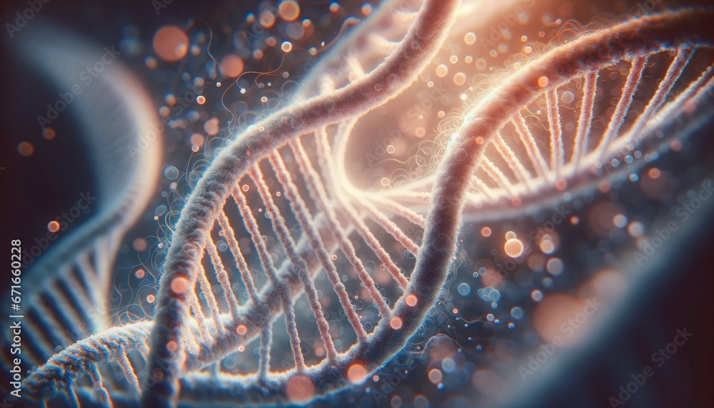 Microscopic image of DNA strands with broken structure helical patterns ...