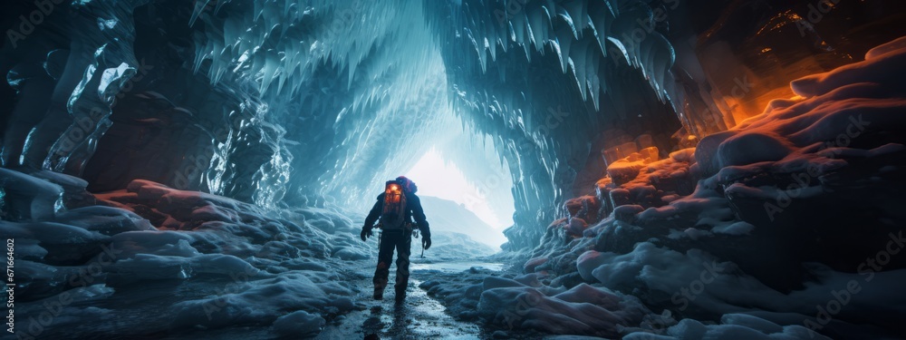 Backpacker explores the inside a glacial ice cave Entrance of an ice ...
