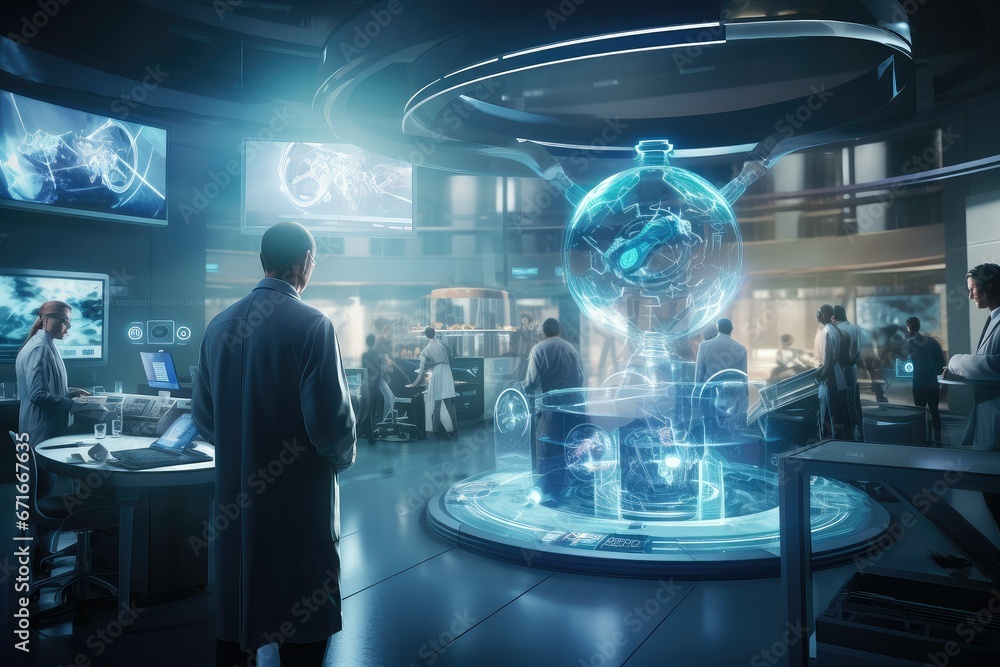 Scientist in laboratory working with new modern computer and science ...