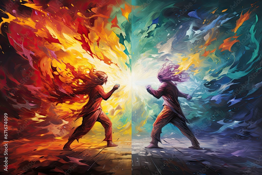 Two girls fighting in front of colorful background, mental struggle ...