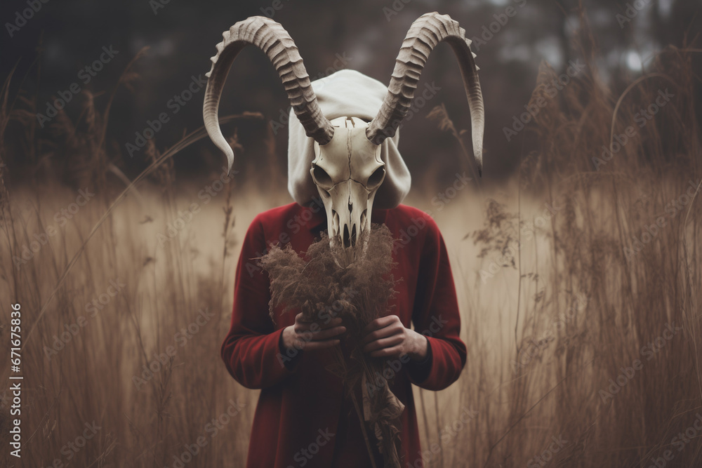 Shaman wearing in horn animal skull and red dress on blurred winter ...