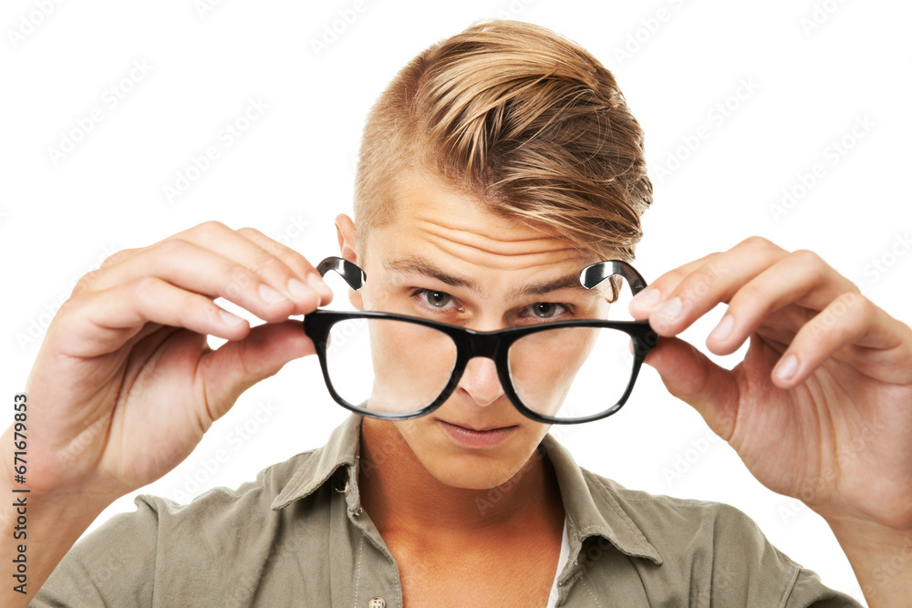 Perspective, portrait and a man with glasses on a white background for ...