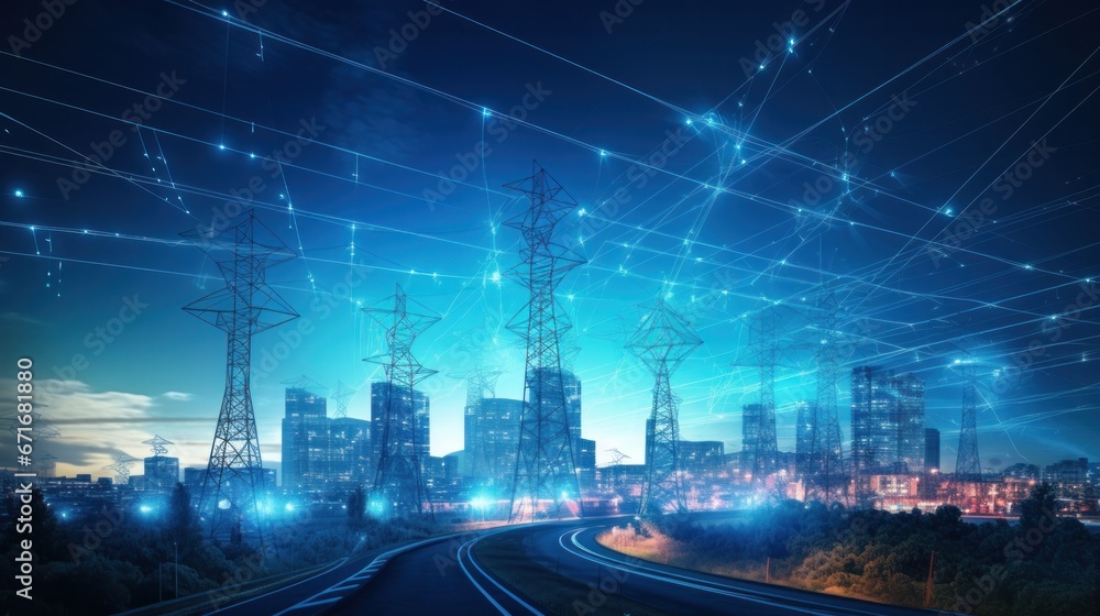 Urban high power poles connected to smart grid, energy supply, power ...