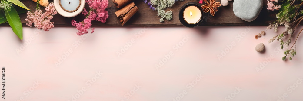 A wellness-themed background with a top view and space for self-care ...