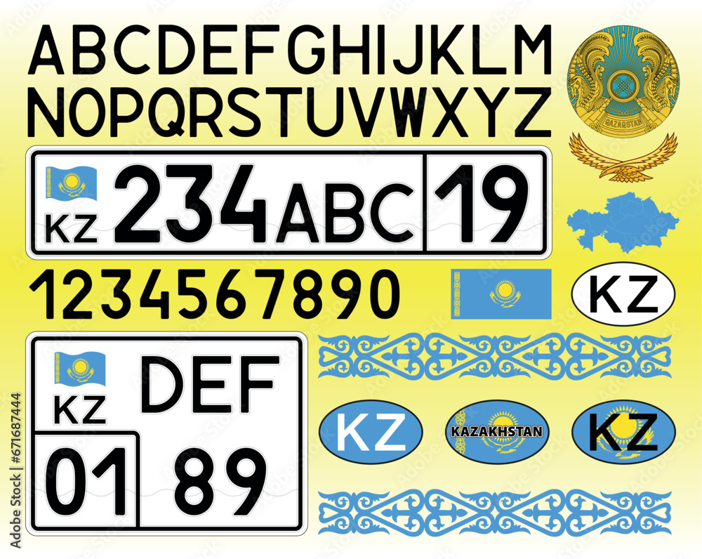 Photo Kazakhstan car license plate, letters, numbers and symbols ...
