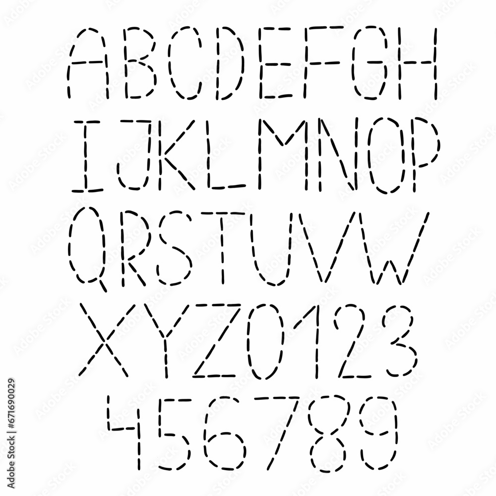 Dotted dash black english latin abc alphabet font A to Z and digits 0 ...