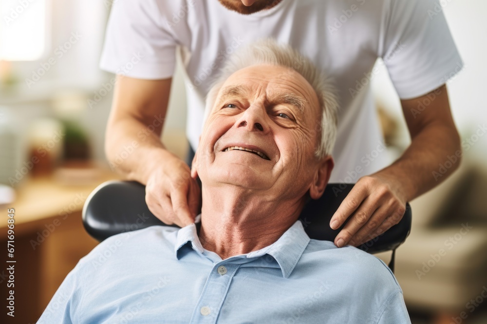 Orthopedic nurse stretching spinal cord and shoulder of elder patient ...