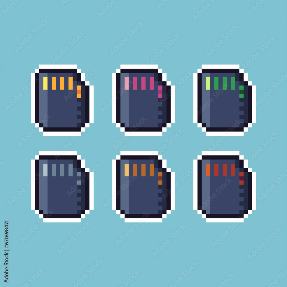 Pixel art sets of sd card with variation color item asset. Simple bits of storage card pixelated ...