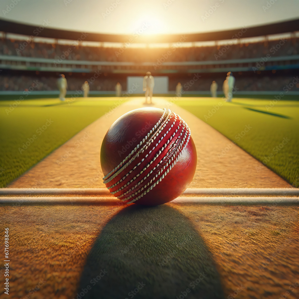 Realistic Cricket Red Ball in The middle of cricket ground. AI ...