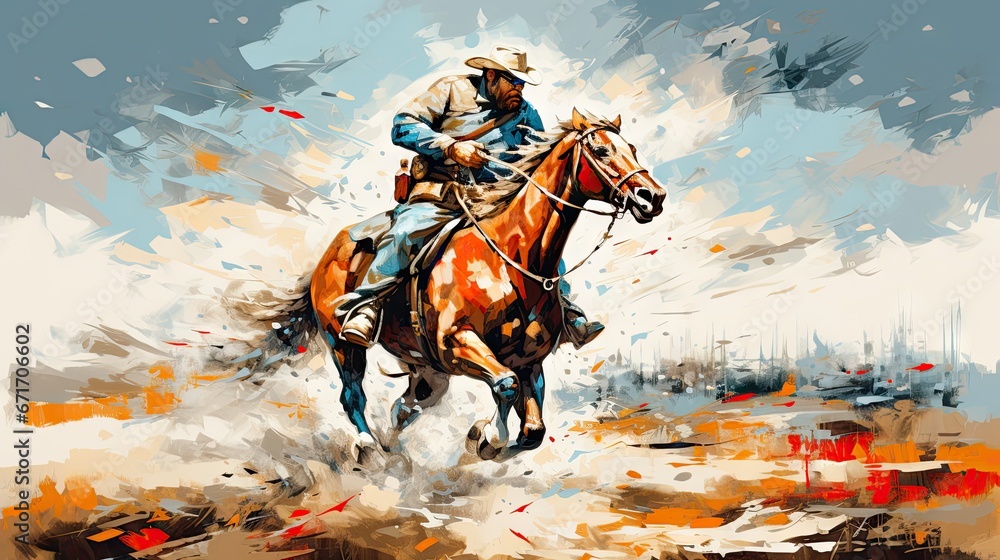 a painting of a cowboy riding a bucking bronco horse in the middle of a ...
