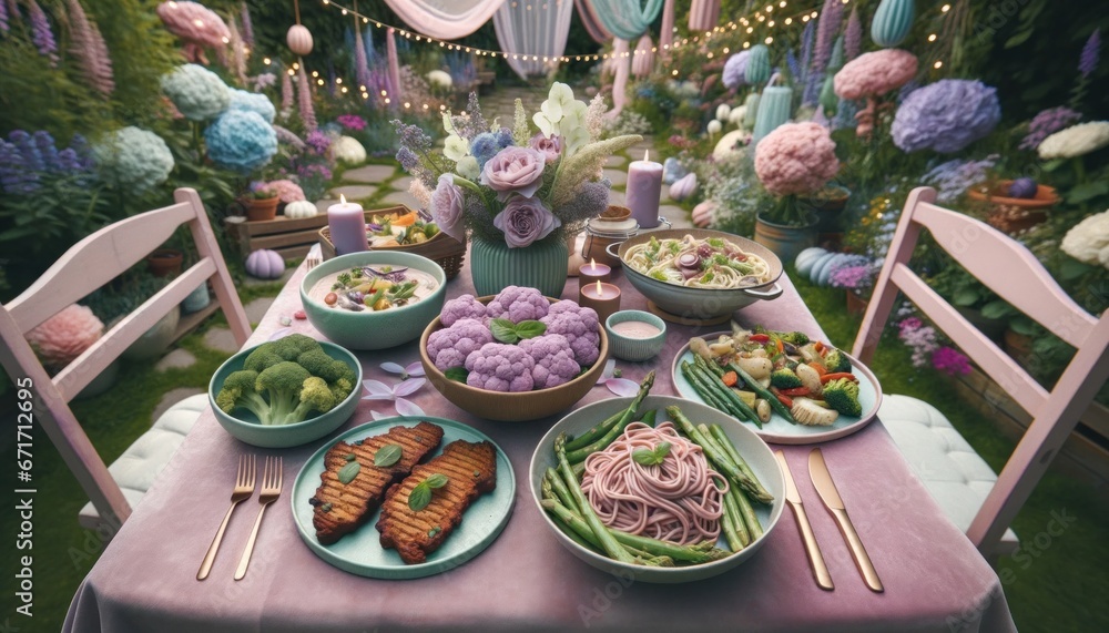 A vibrant vegan feast sprawls across the table, bursting with color and ...