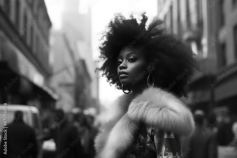 blurry, side angle of an Ebony female model in a new york street ...